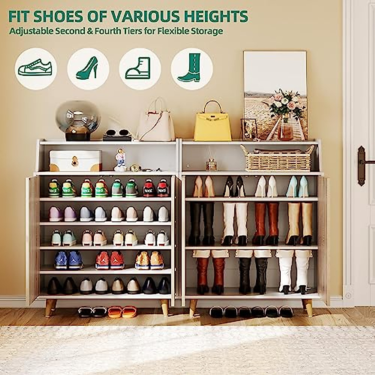 YITAHOME Shoe Cabinet with Doors, 5-Tier Shoe Storage Cabinet with Open Shelves, Large Capacity Wooden Shoes Rack Organizer with Pine Wood Legs for Entryway/Hallway/Closet, White