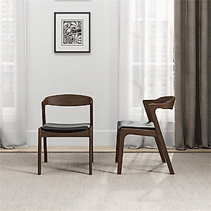 ASHCROFT Mid Century Roxy PU Black Leather Wood Dining Chair, Modern Upholstered Leather Chairs for Kitchen Dining Room (Set of 2)