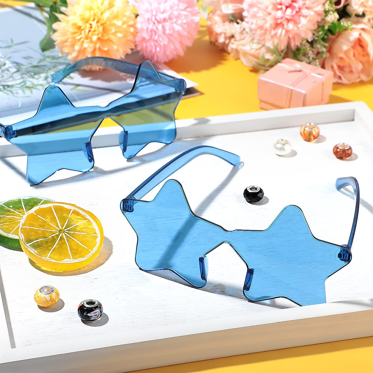 CHENGU 2 Pcs Star Shape Rimless Sunglasses Transparent Candy Color Sunglasses Party Favor star glasses for Women(Blue)