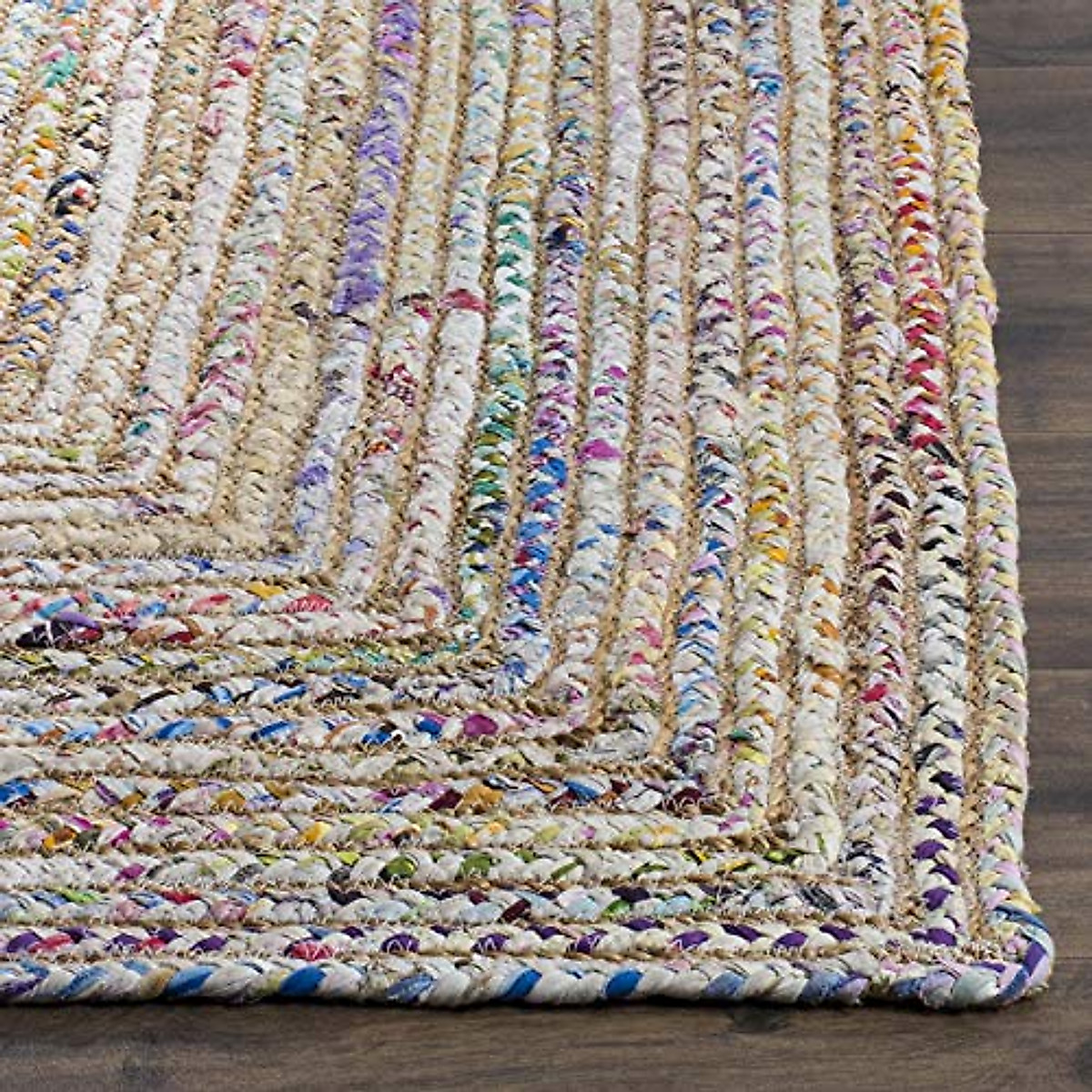 SAFAVIEH Cape Cod Collection Area Rug - 6' Square, Beige & Multi, Handmade Boho Braided Jute & Cotton, Ideal for High Traffic Areas in Living Room, Bedroom (CAP202B)