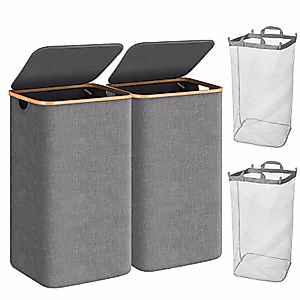 200L Laundry Hamper, HYSEYY 2-Pack Extra Large Laundry Baskets with Lid, Removable Inner Bags, Collapsible Rectangular Clothes Hamper, Laundry Organizer with Bamboo Handles for Laundry, Grey