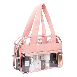 Premium Large Clear Makeup Cosmetic Toiletry Organizer Bag, Clear Tote Bag Stadium Approved, Mini Clear Purse for Gym, Work, Travel or Concert (Pink)