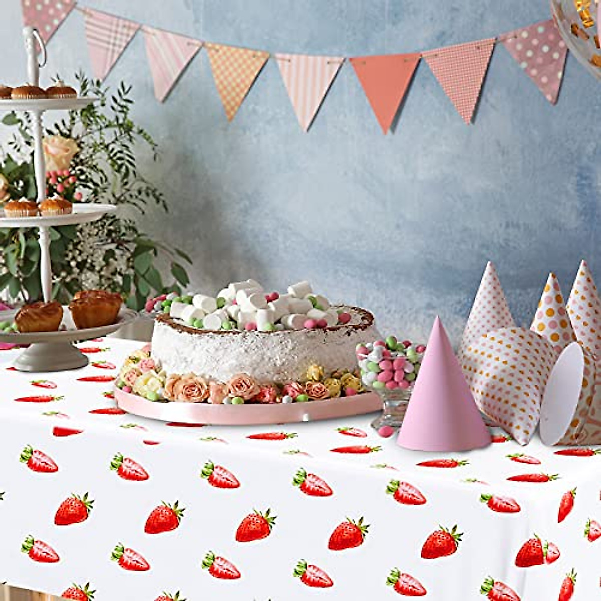 Tegeme Strawberry Tablecloth Birthday Party Decorations Strawberry Tablecovers Plastic Tablecloth for Party Berry First Birthday Baby Shower Decor, 51 x 87 Inch(2 Pieces)
