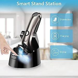 XMOX Rechargeable Mens Shaver with Stand for Clean Sterilization, Wet/Dry Electric Shaver with Pop-up Trimmer, IPX 7 100% Waterproof, LCD Battery Display, 4D Pivot Flex Heads