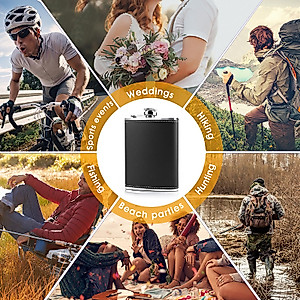 Hip Flask with Funnel, 8 oz Stainless Steel Whiskey Flask Portable Pocket Hip Flask for Men 100% Leak Proof Pocket Flask for Climbing Camping Barbecue Bar Party Drinker Black