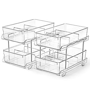 2 SET, 2 Tier Clear Organizer with Dividers, Multi-Purpose Slide-Out Storage Container, Bathroom Vanity Counter Organizing Tray, Under Sink Closet Organization, Kitchen Pantry Medicine Cabniet Bins