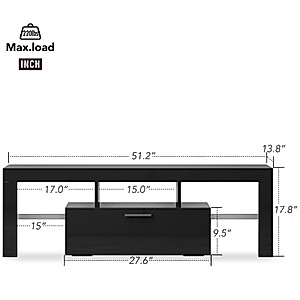 Entrintou Modern LED TV Stand for 55 inch TV with Shelves and Large Storage, Rustic Entertainment Center, Corner Small Television Stand, Black Table Top Gaming Glossy TV Stand for Living Room, Bedroom