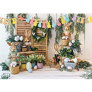 Easter Backdrop Rabbits Colorful Eggs Photography Background Spring Rustic Flower Stand Bunting Baby Shower Children Party Decoration Banner Photos Booth