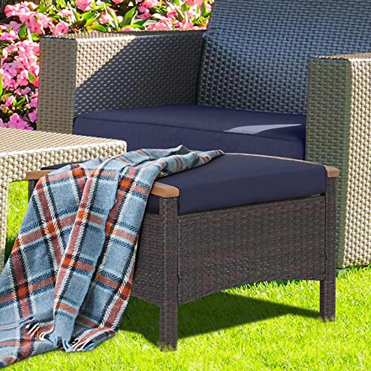 Tangkula 2 Piece Patio Rattan Ottomans, Outdoor Wicker Footstool w/Acacia Wood Handles, Soft Zippered Cushions, 3-in-1 Function Footstool Seat & Side Table for Backyard, Balcony, Poolside (Navy)