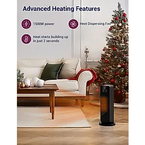 DELLA Electric Space Heater, 18.3" 1500W PTC Fast & Quiet Ceramic Portable Tower Heaters w/Remote Control, Thermostat & Timer, 3 Modes, Eco, LED, Safety Office/Home Oscillating Heater Fan, Black