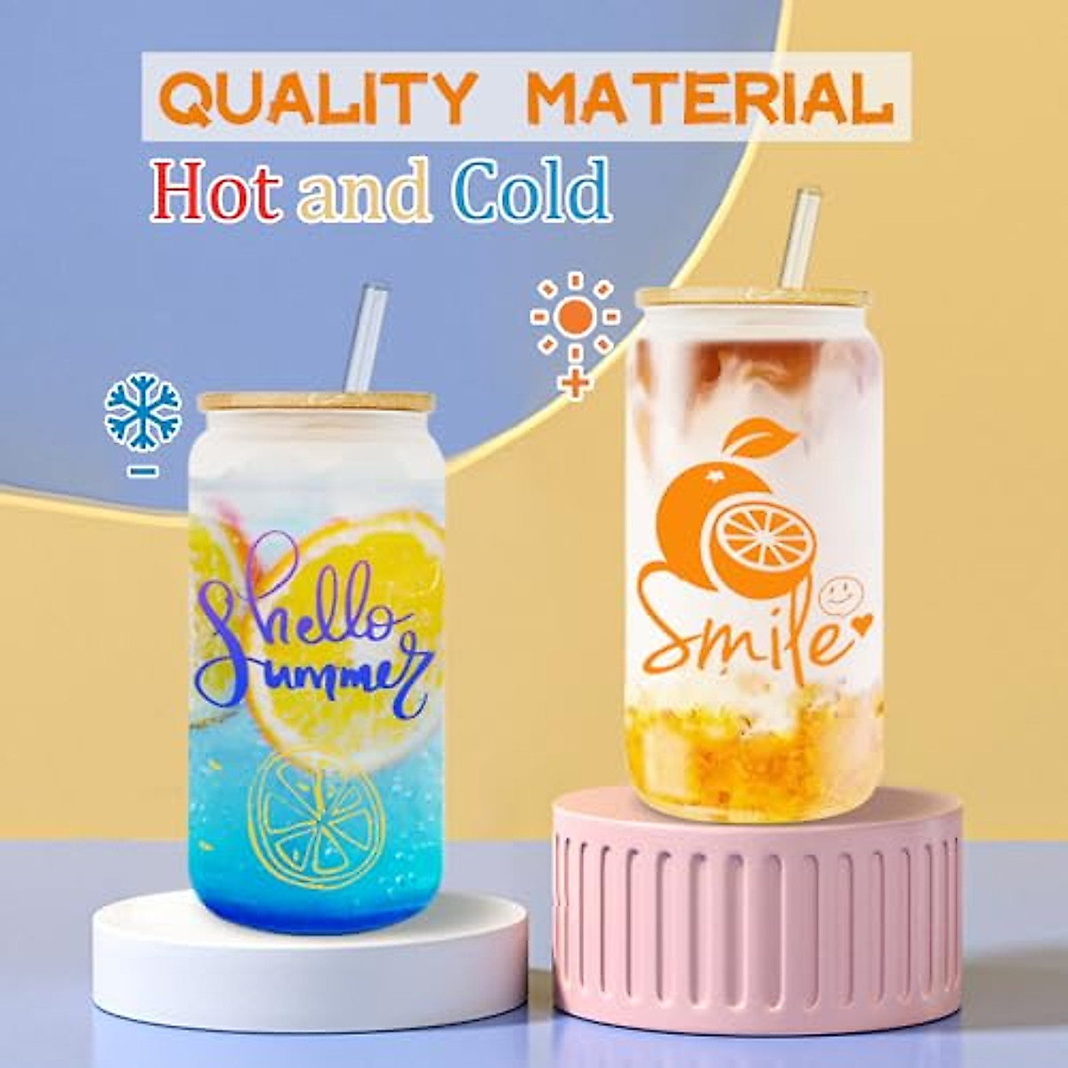 Kocdam 8 pack Sublimation Glass Cups with Bamboo Lid, 16oz Frosted Glass Cups with Lids and Straws, Sublimation Glass Blanks, Borosilicate Glasses for Beer, Juice, Soda, Iced Coffee, Drinks