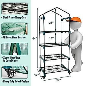 Worth Garden 4 Tier Mini Greenhouse w/Upgraded Castors Wheels - Portable Small Gardening Green House with PE Cover - Heavy Duty Swivel Castors with Brakes - 64''H x 27''L x 19''W Indoor & Outdoor