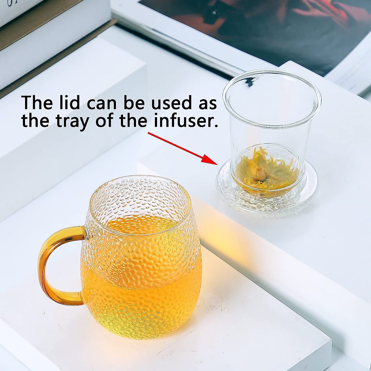 Tea Cup With Infuser and Lid, 19 OZ (560 ml), Amber Color Handle, Food Grade Borosilicate Glass Material, Resistant to Cold and Hot Shock, Hammered Texture Design, Loose Leaf Tea Cup