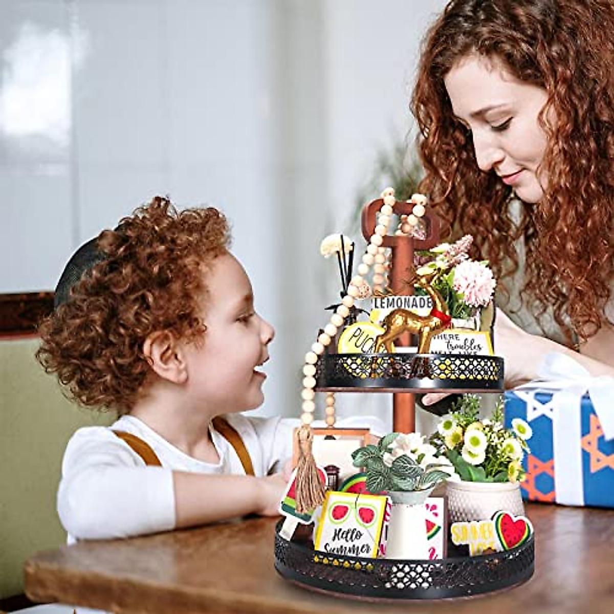 WeGXY Two Tiered Tray, Black Walnut Tiered Tray Stand,Farmhouse 2 Tier Tray,Wooden Rustic and Metal Lace Tiered Tray for Home Kitchen