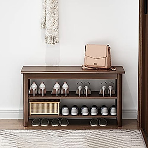 HOOTSMALL Entryway Shoe Rack Bench 2-Tier Wooden Shoe Storage Ideal for Entryway Living Room and Corridor (Brown 31.5'')