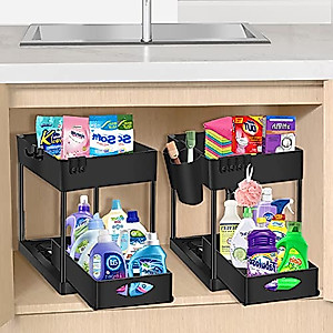 WAYCOM Under Sink Organizer with Sliding Storage Drawer, 2-Tier Sliding Cabinet Basket Organizer Shelf with 2 Hanging Cups and 4 Hooks Organizer Shelf Storage Baskets Under Sink Racks for Bathroom