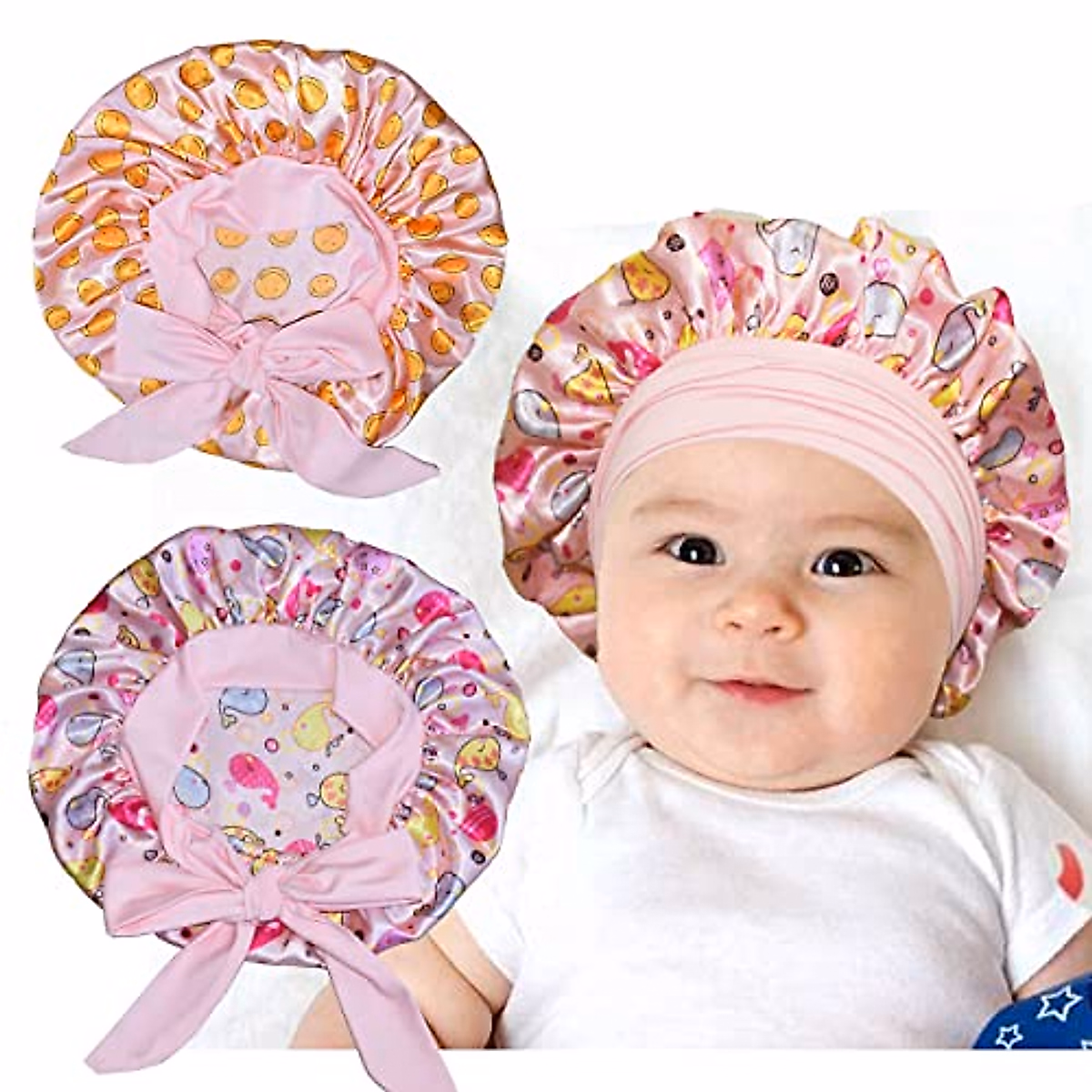 2pcs Pack Baby Bonnet Kids Bonnet Infant Satin Silk Hair Bonnets For Girls Boys Toddler newborn infants with tie band bow 6-12 months