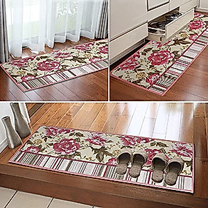 yazi Fabric Kitchen Mat Area Rug Red Striped Flower Non-Slip Rubber Backing Floomat,47x18 Inches
