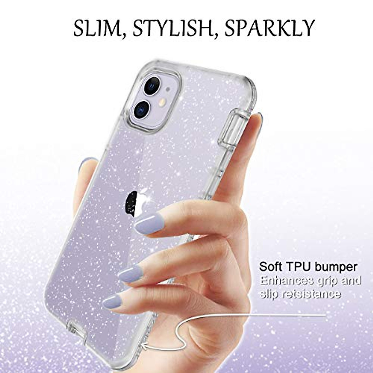 LONTECT for iPhone 11 Case Built-in Screen Protector Glitter Clear Sparkly Bling Rugged Shockproof Hybrid Full Body Protective Case Cover for Apple iPhone 11 6.1 2019, Clear/Silver Glitter