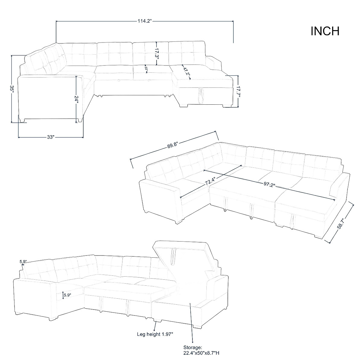 FANYE U Shaped Oversized Upholstered Sectional Sofa with Pull Out Sleeper Couch Bed and Storage Chaise Lounge, U-Shaped Sofa & Couch for Living Room Furniture Sets