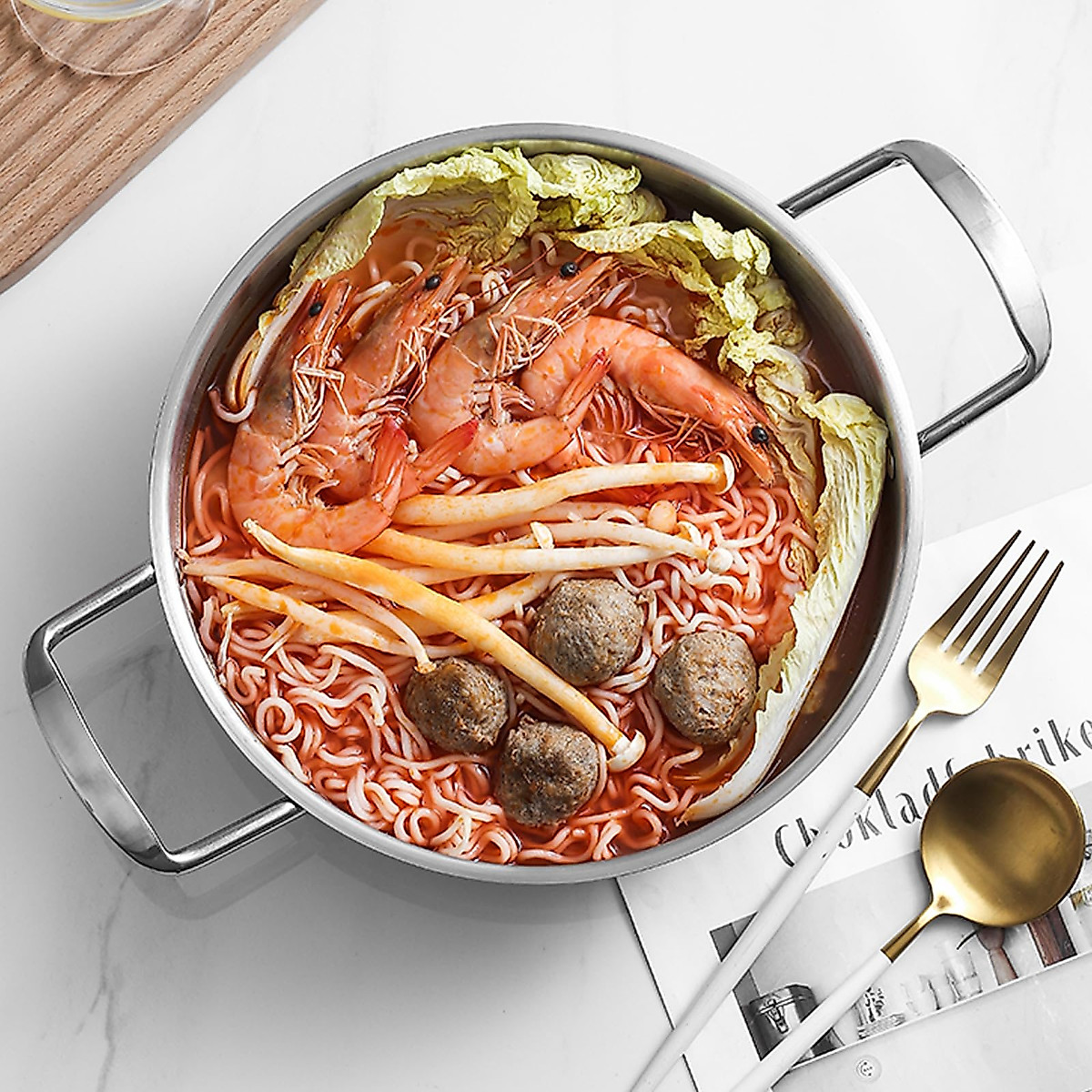Pan with Lid Camping Cookware Stainless Steel Hot Pot Pot Without Divider Double Dry Handle Cooking Pot with Lid for Induction Cooktop Gas Stove 18cm Stock Pot Chinese Hot Pot