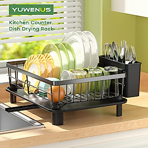 YUWENUS Dish Drying Rack, Space-Saving Dish Rack for Kitchen Counter, Anti-Rusty Stainless Steel Dish Drainer with Utensil Holder, escurridor de platos for Kitchen (Black)