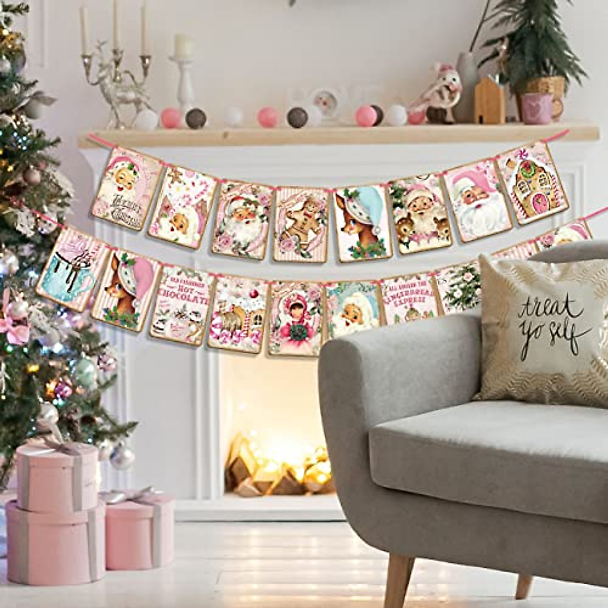 Pink Christmas Decorations Vintage Style Santa Claus Elk Gingerbread Banner Merry Christmas Hanging Banner for Home Office Party Fireplace Christmas Party Supplies