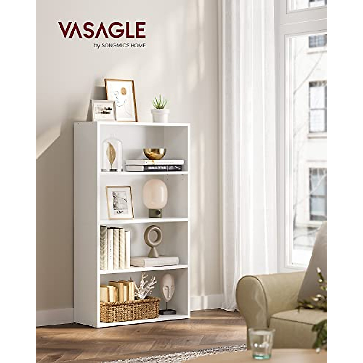 VASAGLE Bookshelf, 4-Tier Open Bookcase with Adjustable Storage Shelves, Floor Standing Unit, White ULBC164T14