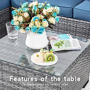 Shintenchi Patio Furniture Sets 3 Pieces Outdoor Sectional Sofa Silver All-Weather Rattan Wicker Sofa Small Patio Conversation Couch with Washable Cushion and Glass Table(Aegean Blue)