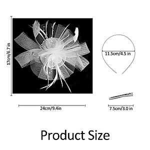 Myjoyday Women's Fascinators Hat for Tea Party Church Cocktail, Feathers Veil Headband with Hair Clip (White)