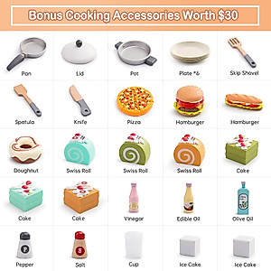 Bruvoalon Wooden Play Kitchen Toy Set for Kids, with Realistic Design, Sink with Faucet, Oven, Microwave, Utensils, Kitchenware Play Food Set Accessories, Birthday Gifts for Toddlers Boys Girls (Pink)