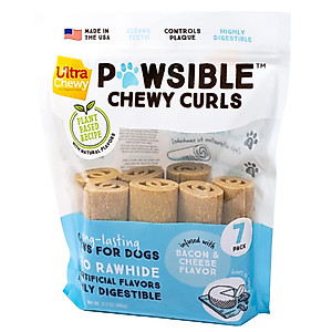 Ultra Chewy Pawsible Chewy Curls - Plant-Based Dog Treats Made in USA, Bacon and Cheese Flavor - Healthy, Wholesome Reward, Easy to Digest Rawhide Free Snack - 7 Count