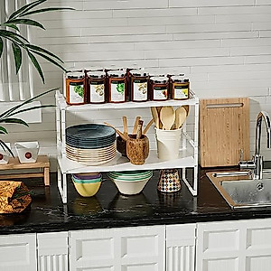 Slideep Expandable Cabinet Shelf Organizer Rack,Large Kitchen Cabinet Organizer Stackable Counter Shelf Organizer large Expandable Shelves, Counter Pantry Storage Organization, White, 3 pack