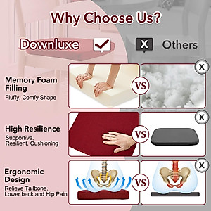 downluxe Indoor Chair Cushions for Dining Chairs, Soft and Comfortable Textured Memory Foam Kitchen Chair Pads with Ties and Non-Slip Backing, 16" x 16" x 2", Red, 4 Pack