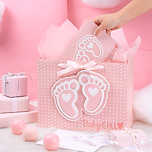 LeZakaa 13" Pink Gift Bags with Tissue Paper, Gift Card, Foot Print and Baby Girl Lettering Design for Baby Shower