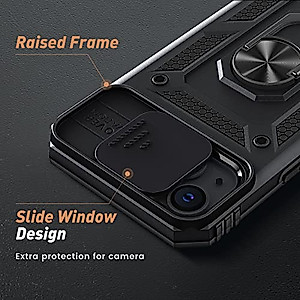 Goton Armor Case for iPhone 14 Case & iPhone 13 Case with Slide Camera Cover & Kickstand, Heavy Duty Military Grade Protection Phone Case, Built-in Rotate Ring Stand, Shockproof Rugged Case Black