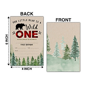 Wild One Birthday Party Invitations with Envelopes (20-Pack), 4"x6" Rustic Bear Buffalo Plaid 1st Birthday Invitation Cards, Fill-in Style Party Invites-B08