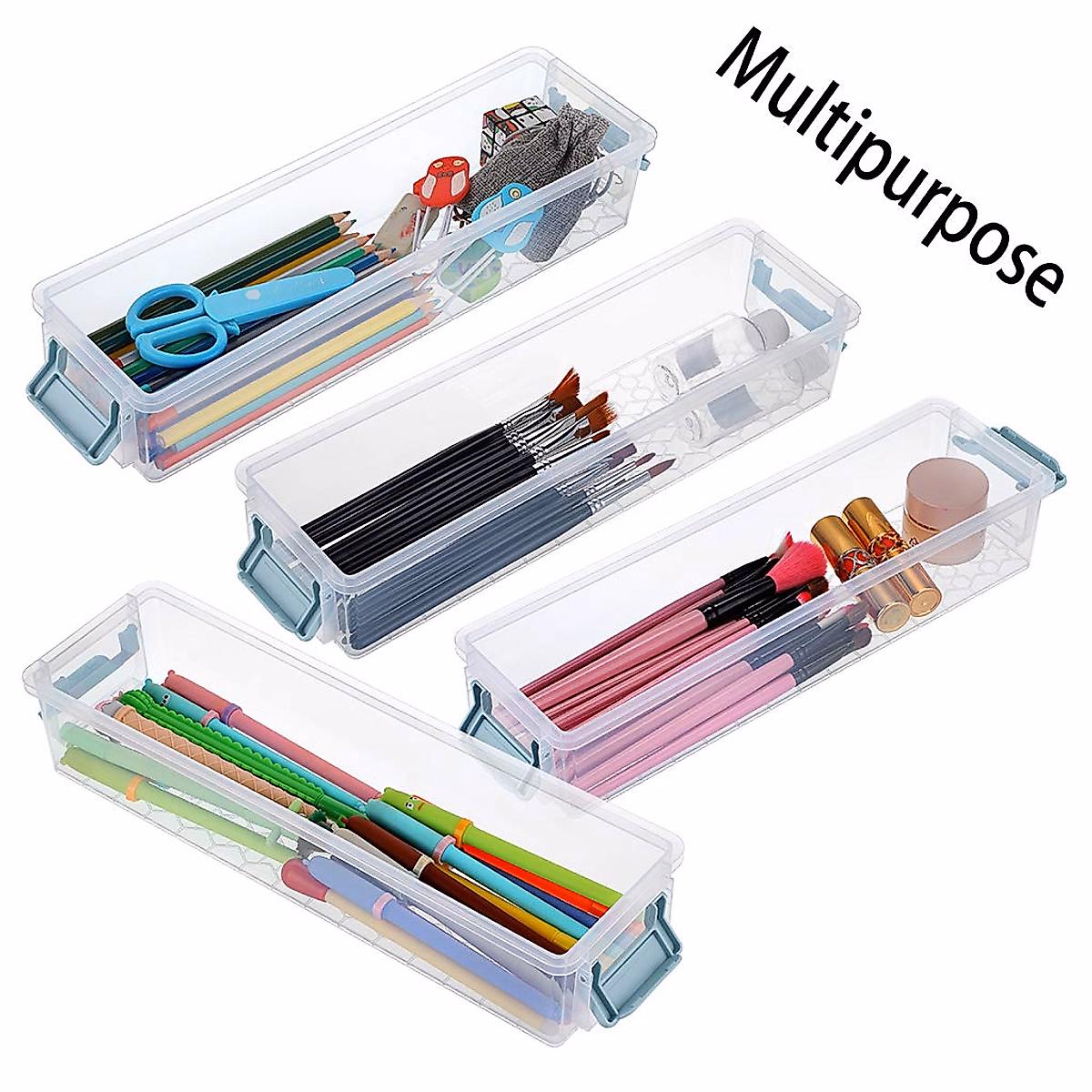 BTSKY Long Plastic Stackable Box Home, Office Supplies Storage Organizer Box Pencil Box Plastic Organizer Holder for Gel Pens Erasers Tape Pens Pencils Markers etc- 3 Pack - Clear with Blue Clip