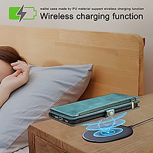 XcaseBar for Samsung Galaxy S22 Ultra Wallet case with Zipper 【RFID Blocking】 Credit Card Holder, Flip Folio Book PU Leather Phone case Shockproof Cover Women Men for Samsung S22Ultra case Blue Green