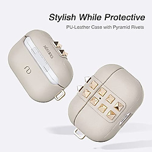 Nereides Compatible with AirPods Pro Case, Protective Leather Cover with Keychain, High-end Fashion Design Skin with Bling Rivets for Men Women, Supports Wireless Charging, Front LED Light Visible