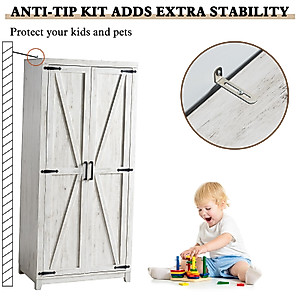 LUXOAK 70" Large Armoire Wardrobe Closet with Hanging Rod, Farmhouse Clothing Storage Cabinet with 2 Barn Doors, Wooden Tall Bedroom Armoires with Shelf, Distressed White