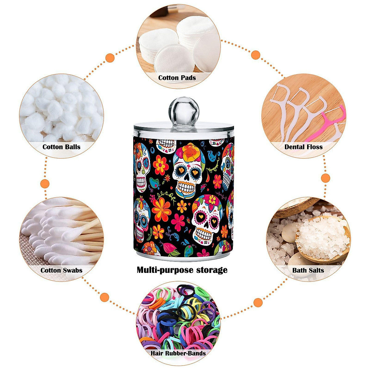 Day Of The Dead Skull Flowers Qtip Holder 2Packs Cotton Ball Holder Bathroom Organizer Dispenser Plastic Jar Apothecary Jars with Lids for Vanity Floss Cotton Pad Swab Room Home Decor