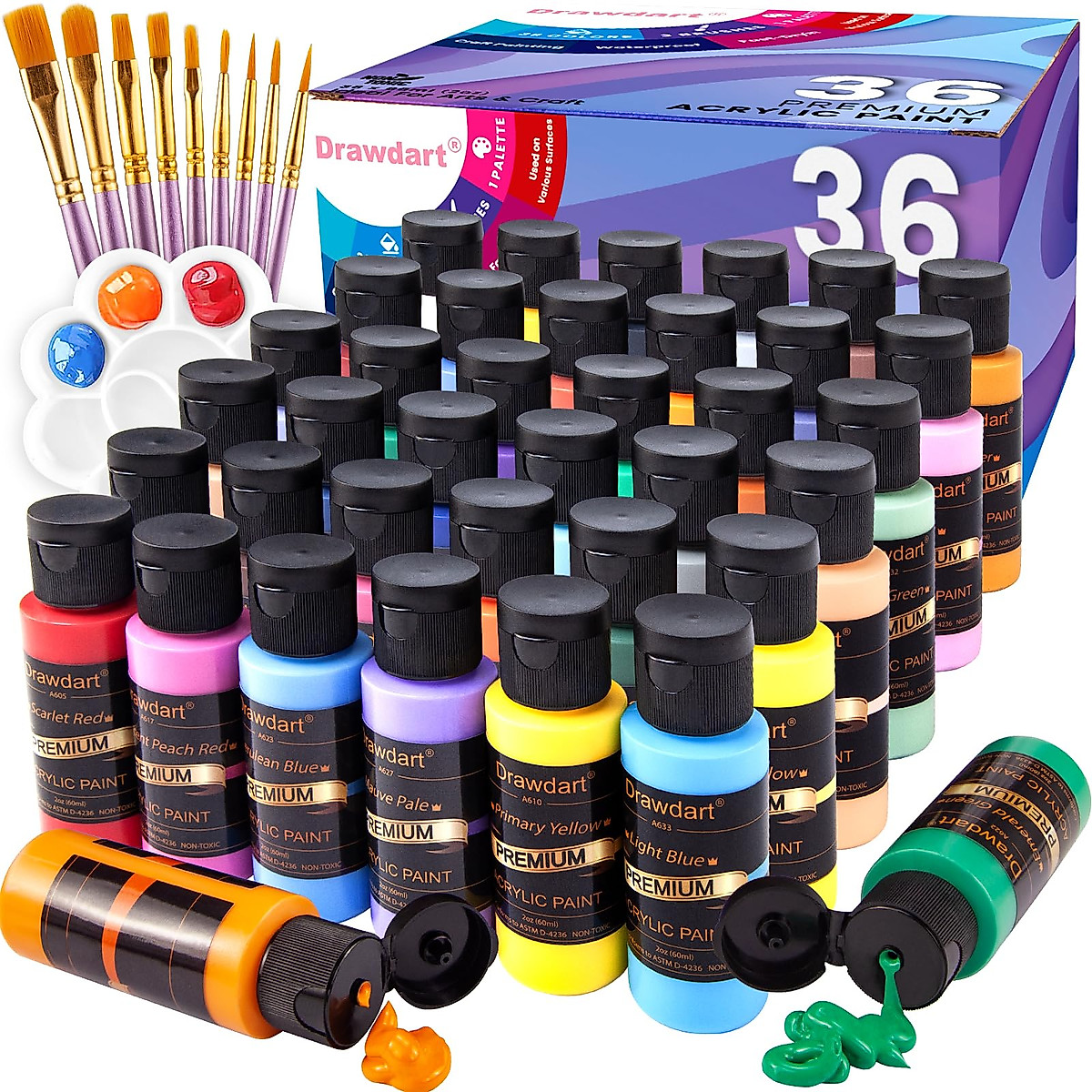 Drawdart 47 Pack Acrylic Paint Set, 36 Colors Art Painting Supplies for Canvas Wood Fabric Ceramic Crafts, Non Toxic & Rich Pigments for Artists & Hobby Painters, 2 fl oz / 60 ml Bottles
