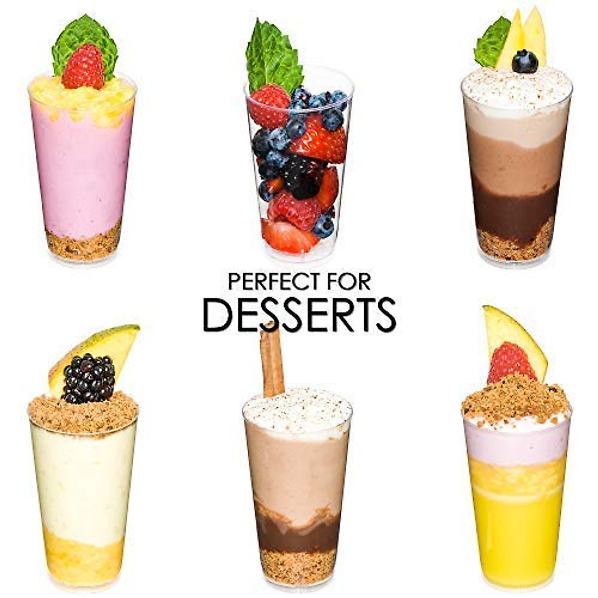 DLux 100 x 3 oz Mini Dessert Cups with Spoons, Shooter - Clear Plastic Parfait Appetizer Cup - Small Reusable Shooter Glass for Tasting Party Shooters Desserts Appetizers - With Recipe Ebook
