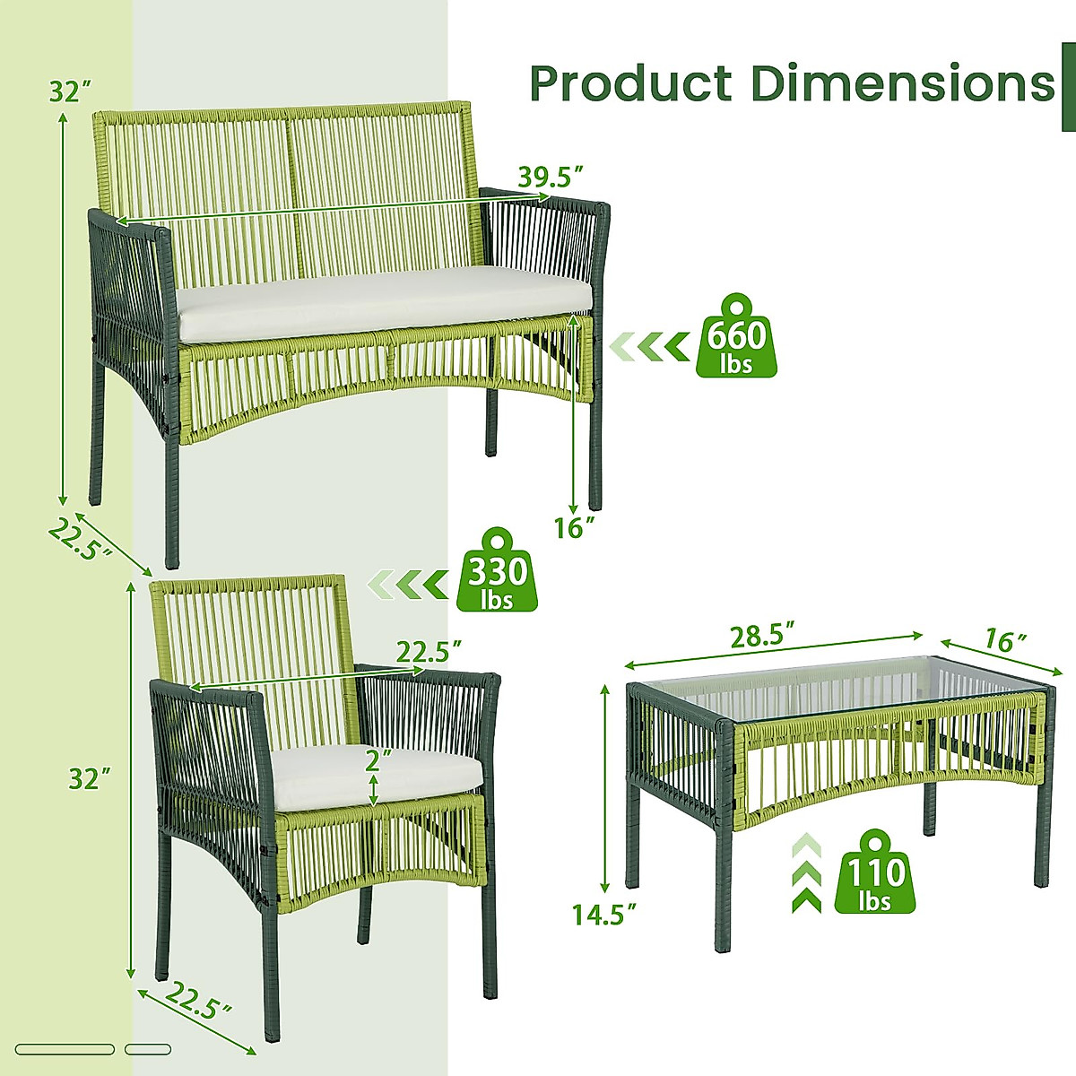 Tangkula 4 Pieces Outdoor Rattan Chair Set, Patiojoy Patio Wicker Conversation Set W/Soft Cushions, Tempered Glass Tabletop, Solid Metal Frame, for Backyard, Poolside, Balcony