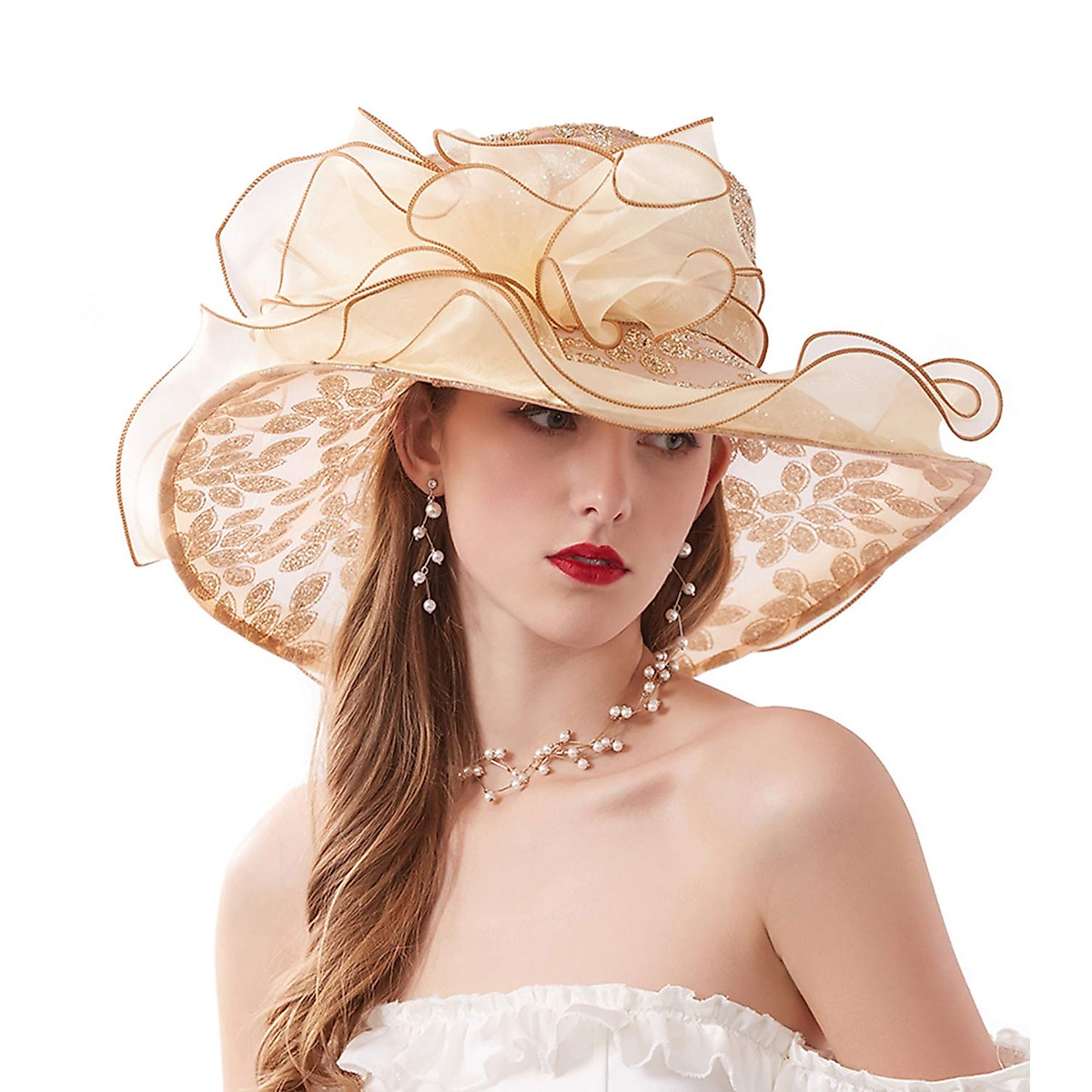 ORIDOOR Women?s Organza Church Kentucky Derby Tea Party Wedding Fascinator Hat UV-Anti Wide Brim Sun Hats, A Gold, One Size