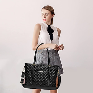 MOSISO Laptop Tote Bag for Women, 15.6 inch Briefcase Computer Bag Compatible with MacBook, HP, Dell, Asus Notebook, 16 inch Large Capacity Rhombus Quilted Leather Laptop Bag with Small Purse, Black