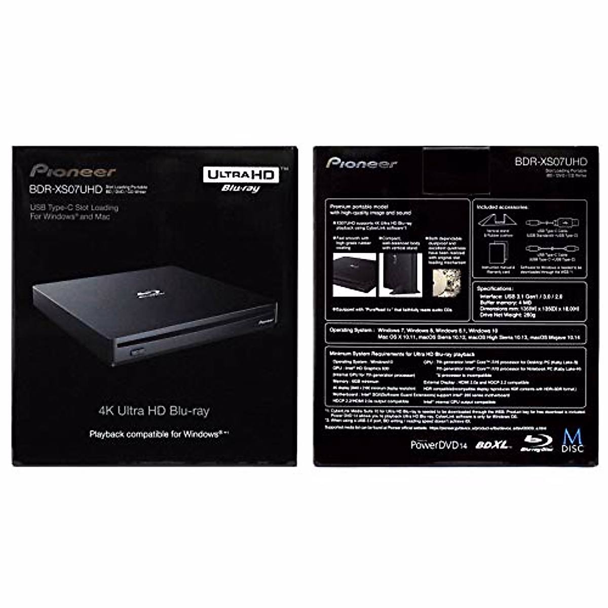 Produplicator Pioneer BDR-XS07UHD Portable 6X Ultra HD 4K Blu-ray Burner External Drive Bundle with Cyberlink Software Download Installation Code and USB Cable - Burns CD DVD BD DL BDXL Discs