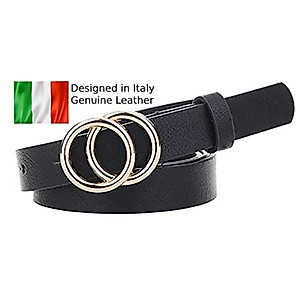 Patrica Fiore Fashion Leather Belt For Women - Design in Italy Double Buckle Belt Leather(M), Black