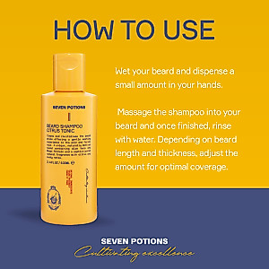 SEVEN POTIONS Beard Shampoo for Men - Gentle Cleansing Wash for a Fresh, Itch-Free Beard - Natural, Vegan Formula (Citrus Tonic, 3.4 Fl Oz)